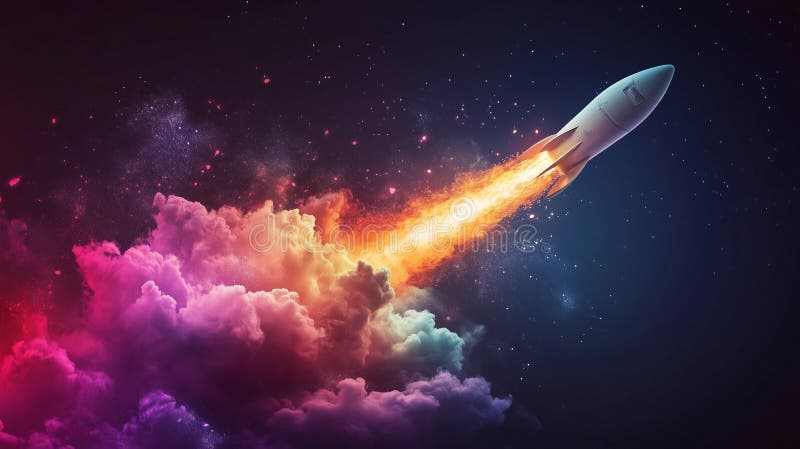 Colorful Rocket Launching with Swirling Ideas Stock Image - Image of ...