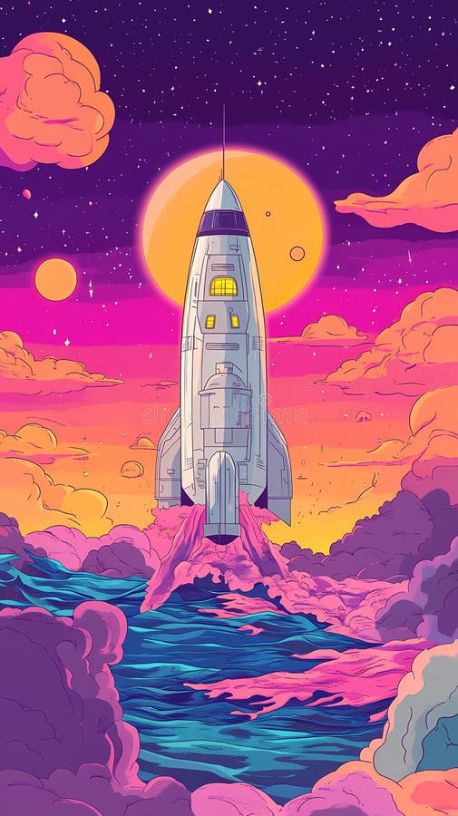 A Colorful Rocket Launching into a Vibrant Sunset Sky Over a Tranquil ...