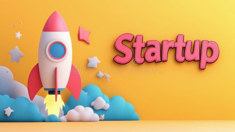 A Colorful Rocket Launching with the Word Startup on a Vibrant Yellow ...