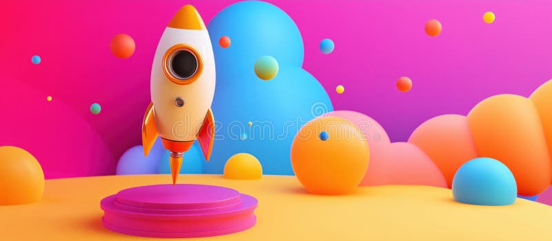 Colorful Rocket Model on Vibrant Background with Playful Spheres and ...