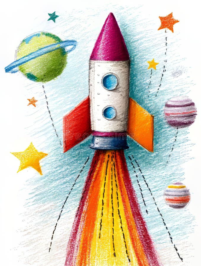 Colorful Rocket and Planets Drawing in Crayon Style. Stock Photo ...