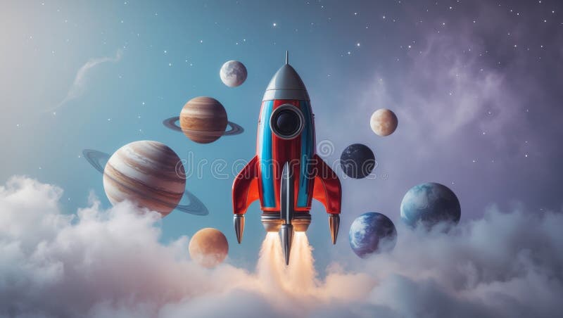 Colorful Rocket Ship Display Surrounded by Planets and Clouds in a ...