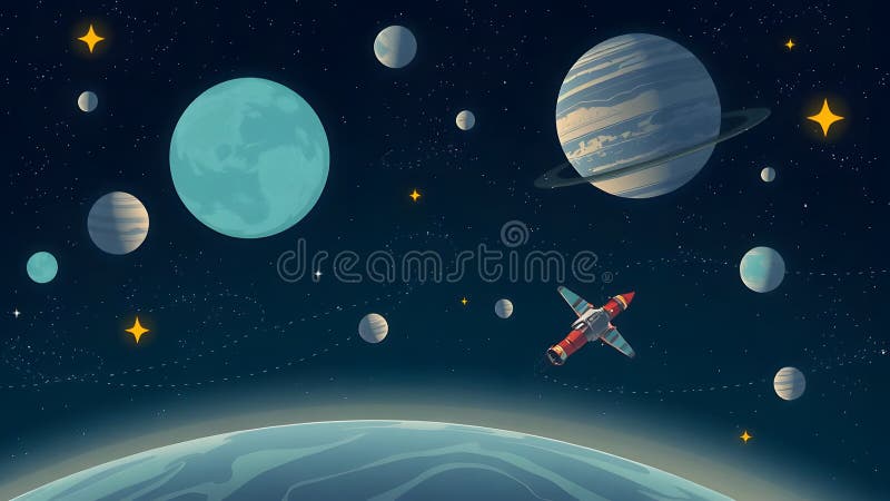 Colorful Rocket Ship Exploring a Vibrant Solar System with Various ...