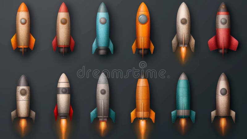 Colorful Rocket Ships Arranged in Rows, Showcasing Various Designs on a ...