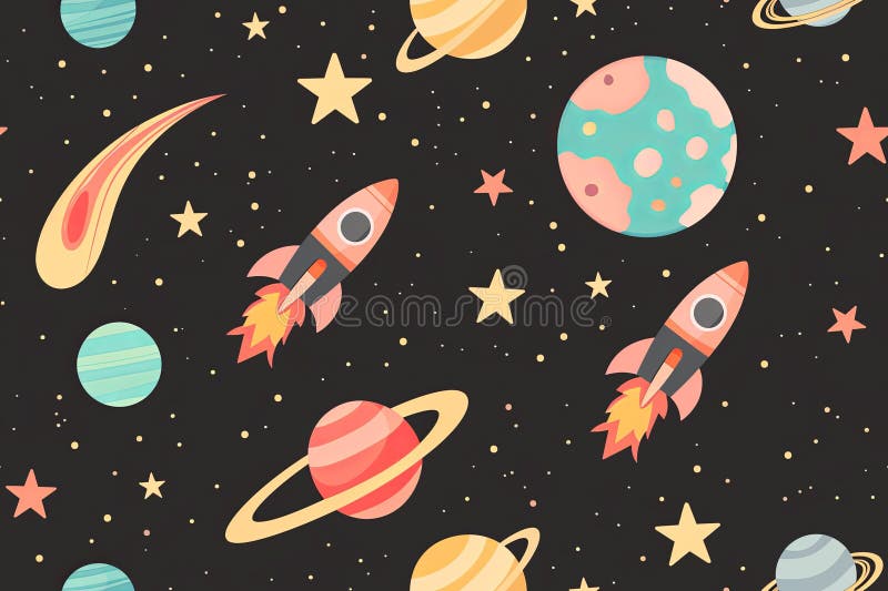 Colorful Rocket Ships Fly through a Starry Galaxy Stock Illustration ...