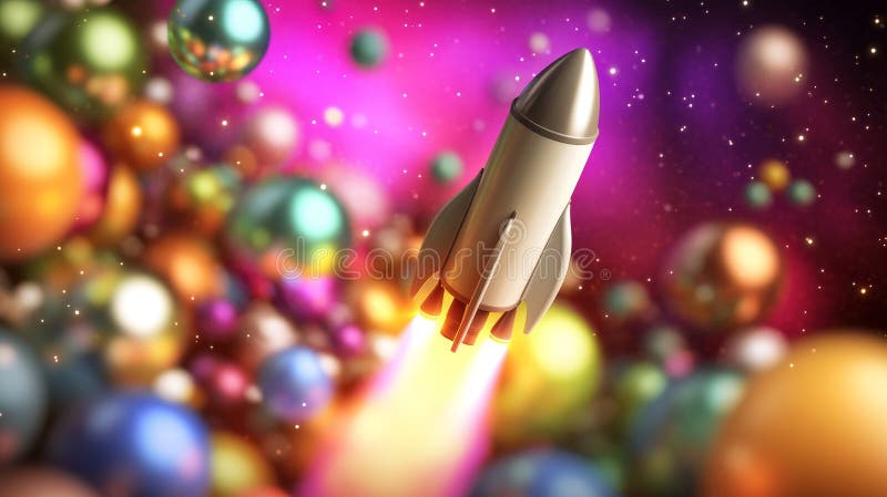 Colorful Rocket in Space with Vibrant Floating Spheres and Cosmic ...