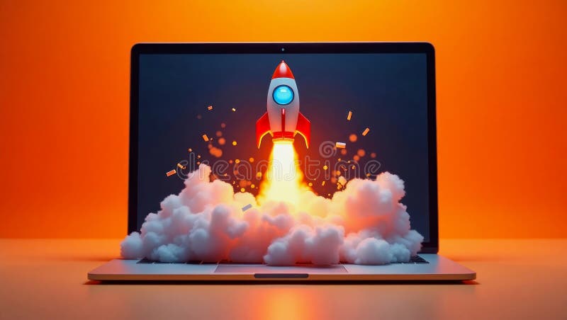 Rocket Launching from Laptop Screen in Vibrant Setting Stock Image ...