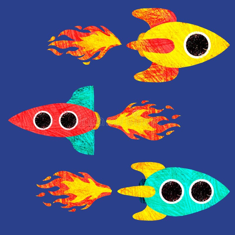 Colorful Rockets with Fire Illustration Textured Set Stock Photo ...