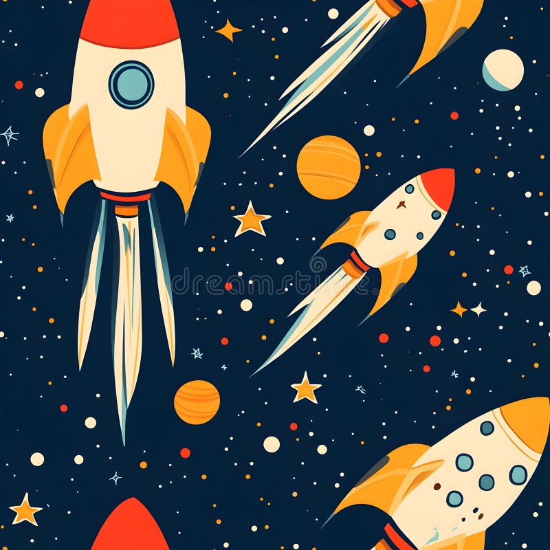 Colorful Rockets Soaring through a Starry Space Background with Planets ...