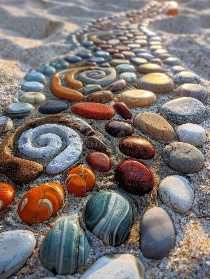 Colorful Rocks Arranged in a Spiral Pattern on a Sandy Beach. Stock ...