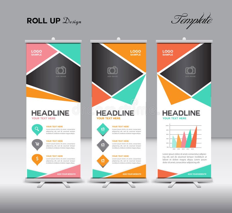 Colorful Roll Up Banner Stand and Info Graphics Vector Illustration ...