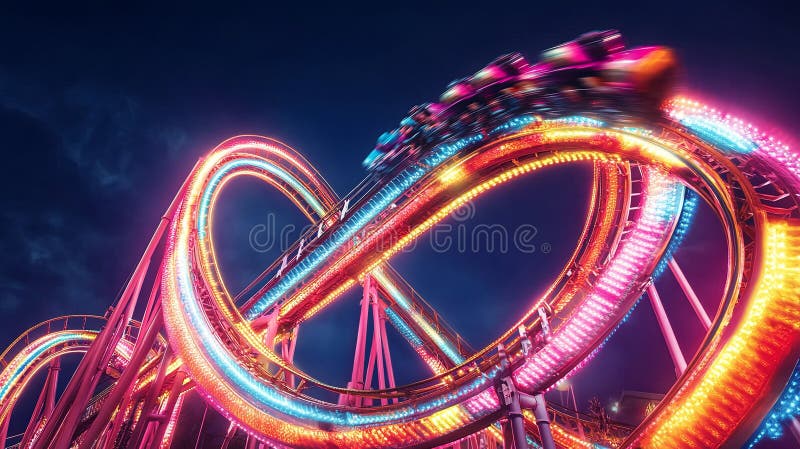 A Colorful Roller Coaster with Steep Drops and Loops Illuminated by ...