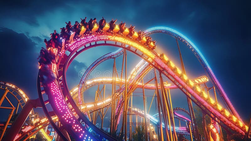 A Colorful Roller Coaster with Steep Drops and Loops Illuminated by ...