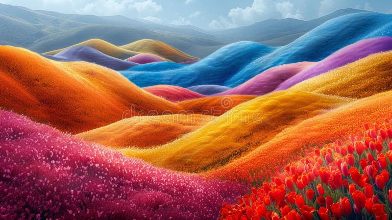 Colorful Rolling Hills of Flowers - Generative AI Stock Illustration ...