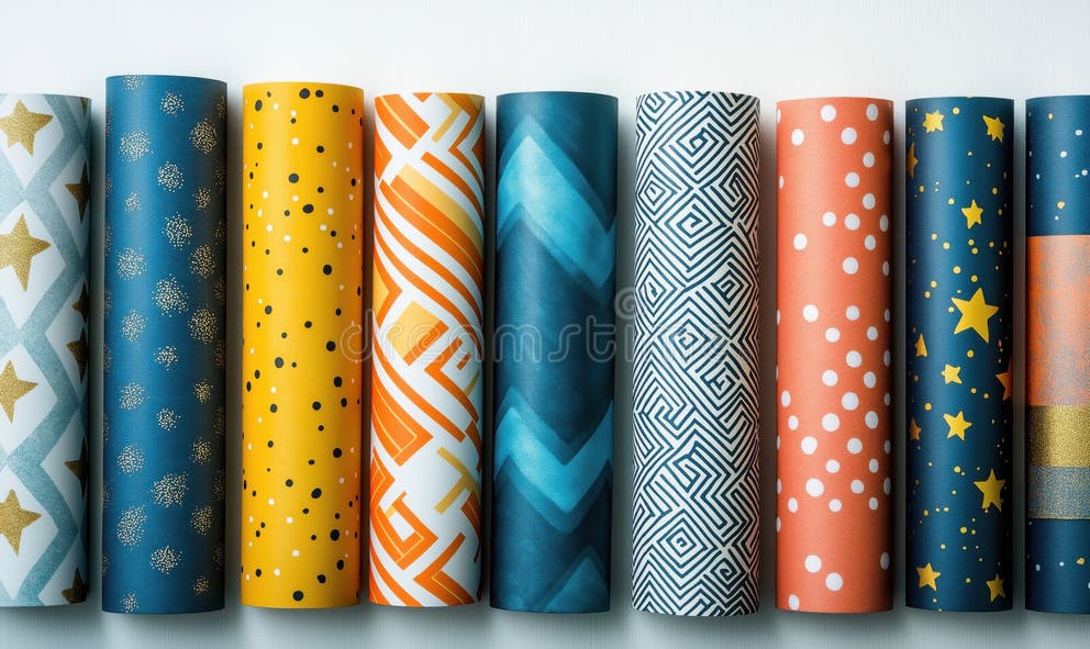 Colorful Rolls of Decorative Wrapping Paper with Various Patterns and ...