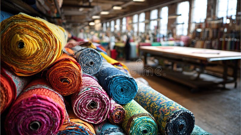 Colorful Rolls of Fabric are Stacked Inside a Textile Workshop Stock ...