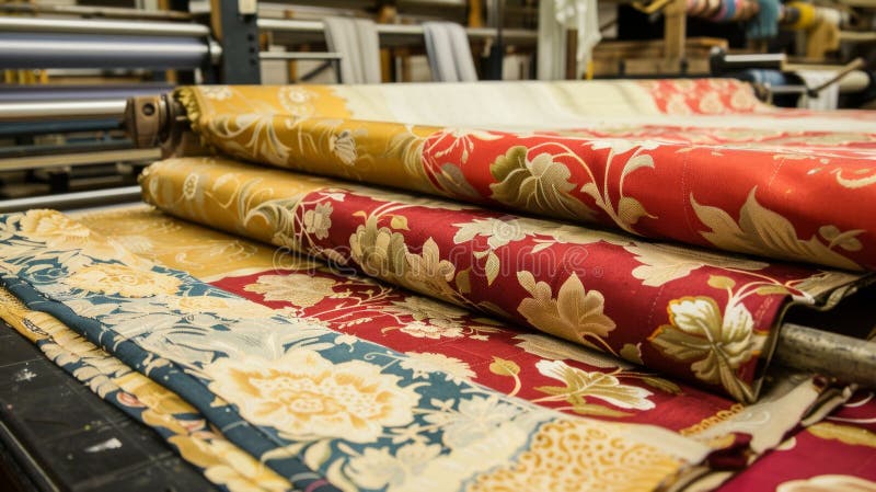 Colorful Rolls of Textile Fabric in a Factory. Bright Patterned Textile ...