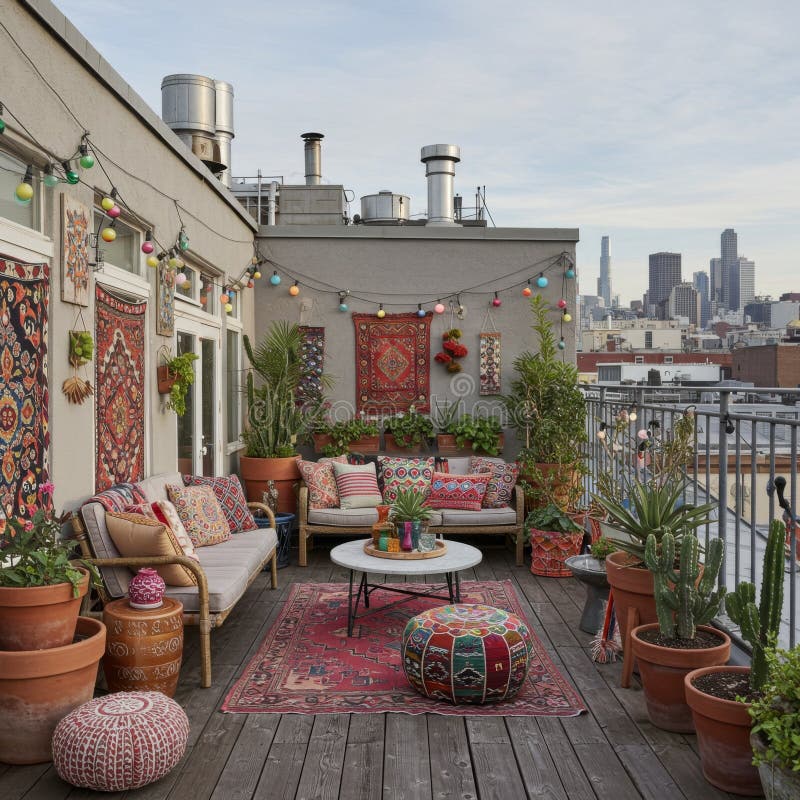 Colorful Rooftop Terrace with City View Stock Illustration ...