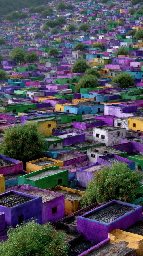 Colorful Rooftops of a Dense Hillside Village with Trees Stock Photo ...