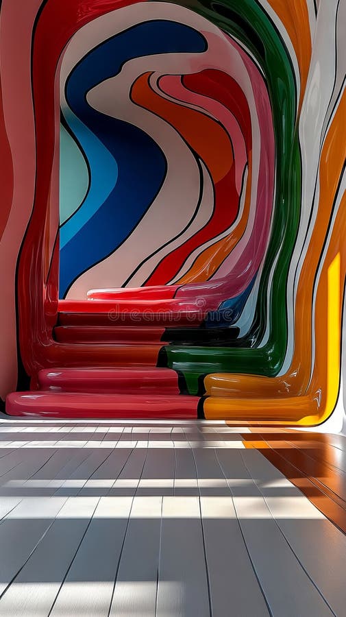 A Colorful Room with a Wooden Floor and a Colorful Wall Stock ...