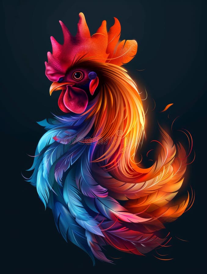 A Colorful Rooster with Feathers on a Black Background, a Magical ...