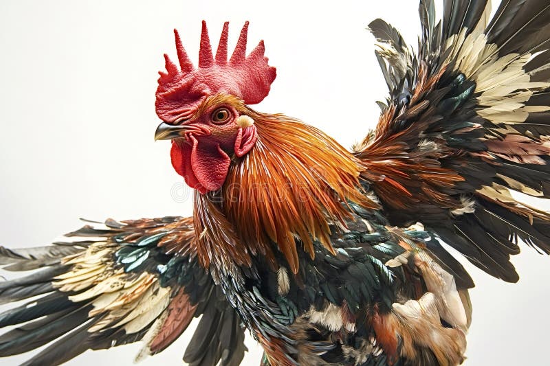 Colorful Rooster Flapping Wings on White Background Stock Image - Image ...
