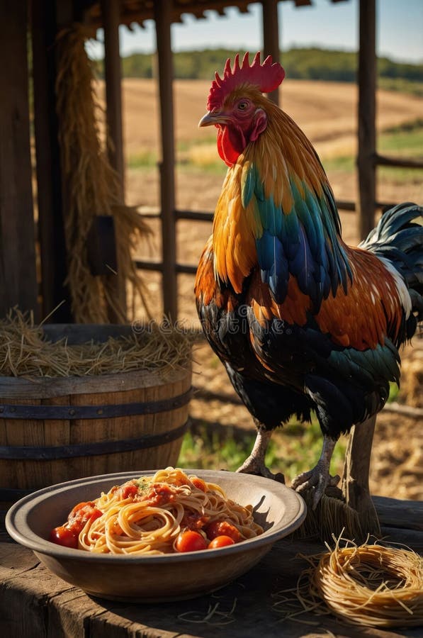 Rustic Farm Rooster and Delicious Tomato Pasta Dish Stock Illustration ...