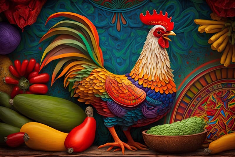 Colorful Rooster and Vegetables on a Wooden Table in Front of a ...