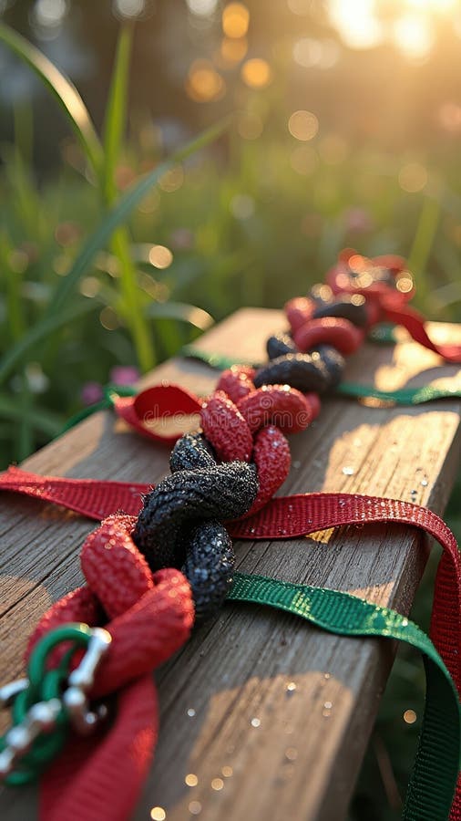 Colorful Rope Bracelet on Wooden Surface in Sunlit Garden Stock Image ...