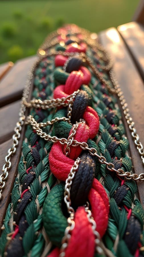 Colorful Rope with Chains on Wooden Surface in Sunlight Stock ...
