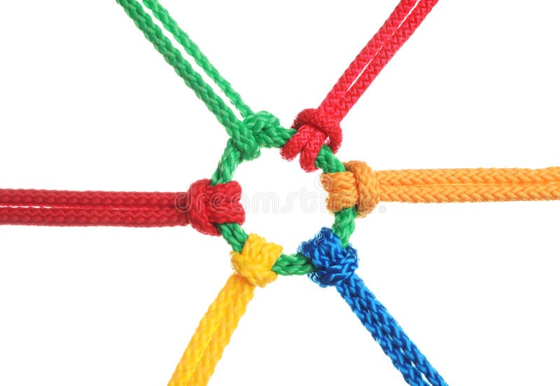 Colorful Ropes Tied Together on White. Unity Concept Stock Photo ...