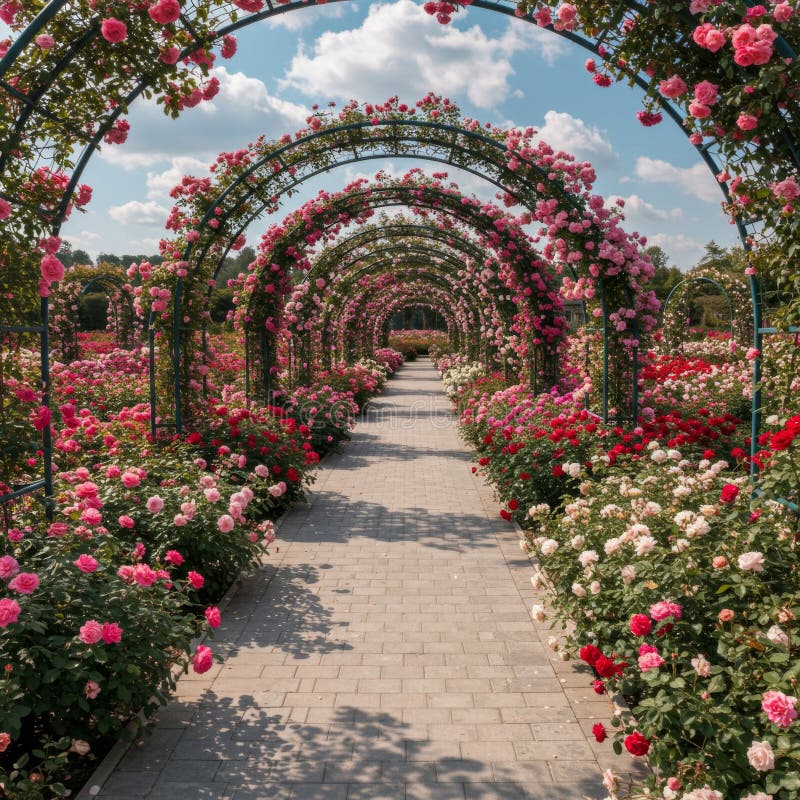Colorful Rose Garden Path with Flower Arches Stock Image - Image of ...