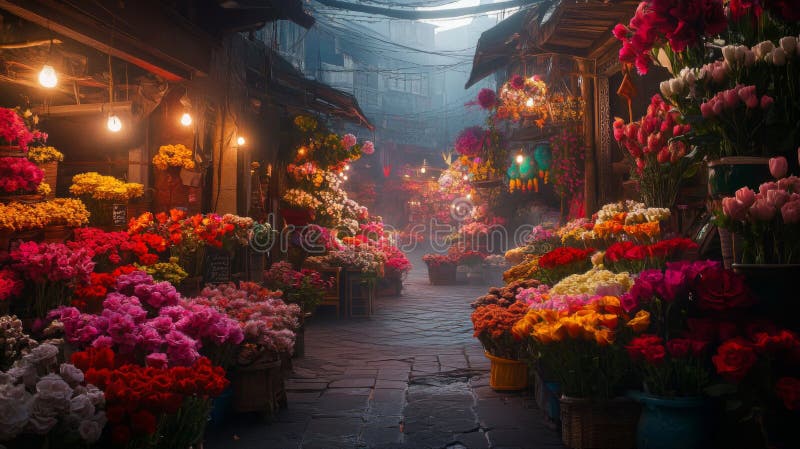 Colorful Roses at a Night Flower Market Stock Illustration ...