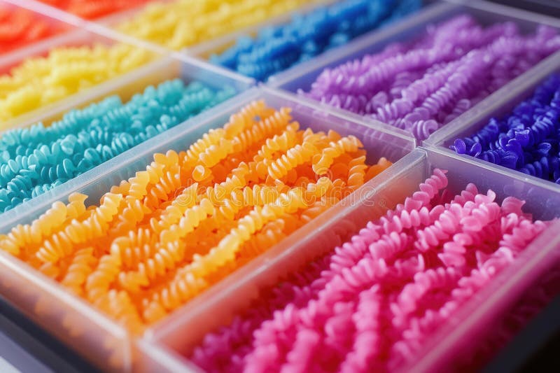 Colorful Rotini Pasta Displayed in Compartments, Creating a Vibrant ...