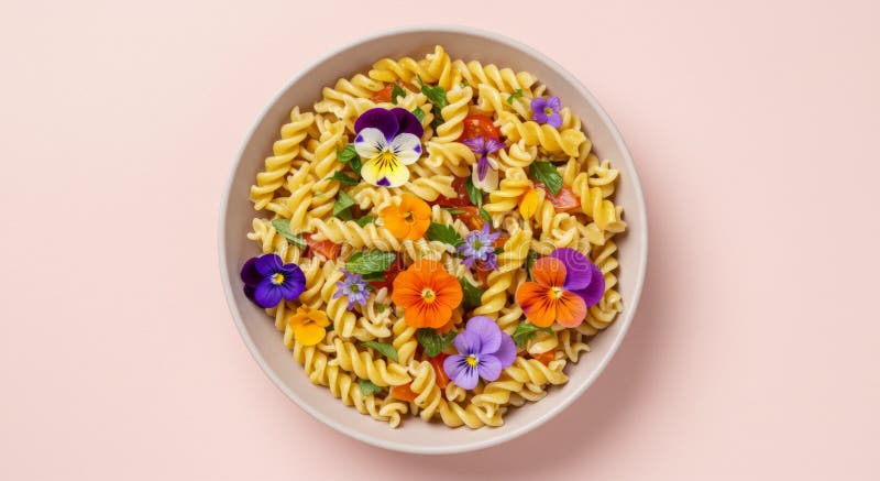 Colorful Rotini Pasta with Edible Flowers in Bowl Stock Illustration ...