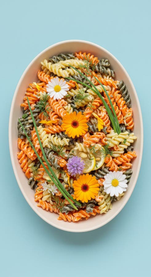 Colorful Rotini Pasta Salad with Edible Flowers Stock Illustration ...