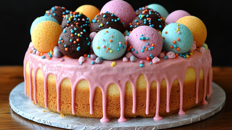 Colorful, Round Cake with Dripping Pink Icing and Decorative Spheres ...