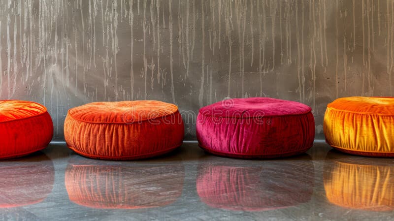 Colorful Round Poufs Against a Textured Wall in Modern Interior Stock ...