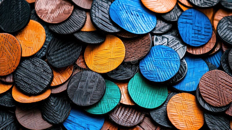 Colorful Round Tokens with Various Textures in a Creative Pattern on a ...
