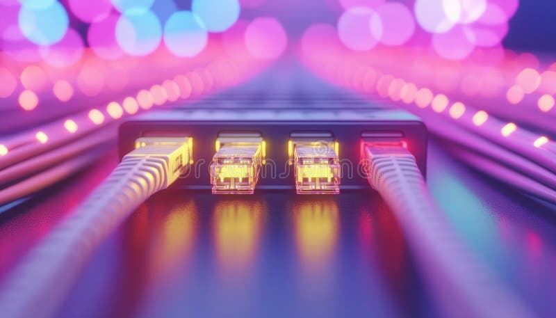 Colorful Router Cables Connected with Glowing Lights in a Darkened ...