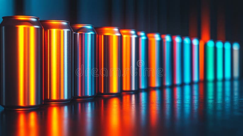 Colorful Row of Glowing Beverage Cans on a Surface. Stock Photo - Image ...