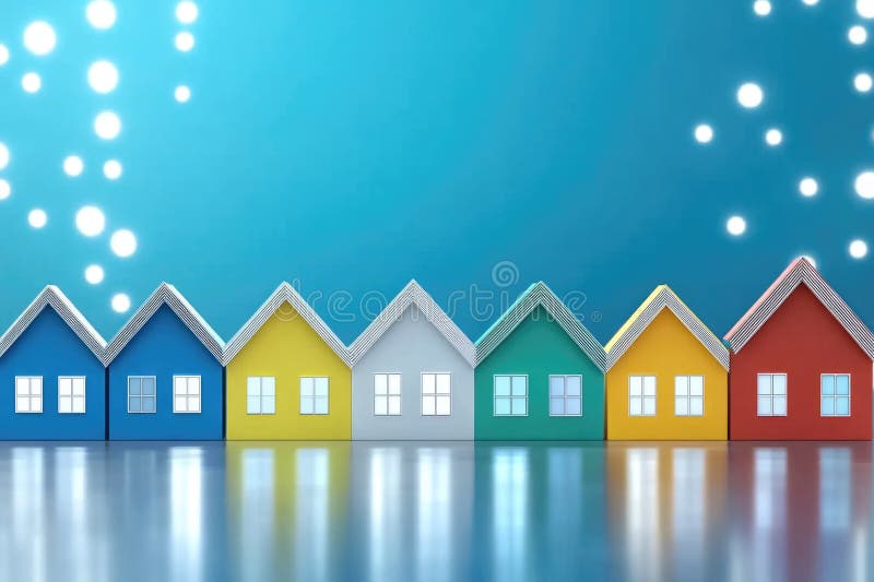 Colorful Row of Model Houses Against a Blue Background Stock ...