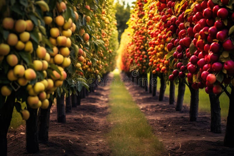 Colorful Rows of Fruit Trees Stock Illustration - Illustration of ...