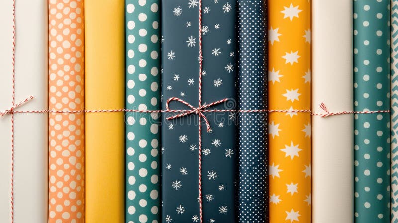 Colorful Rows of Wrapped Gift Paper with Diverse Patterns Tied with Red ...