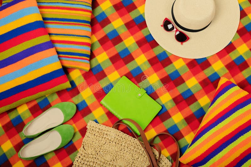 Colorful Rug and Pillows for a Summer Picnic. Stock Image - Image of ...