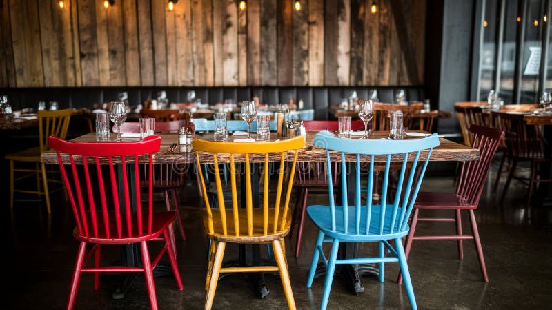 Colorful and Rustic Cafe Setting with Wooden Tables and an Assortment ...