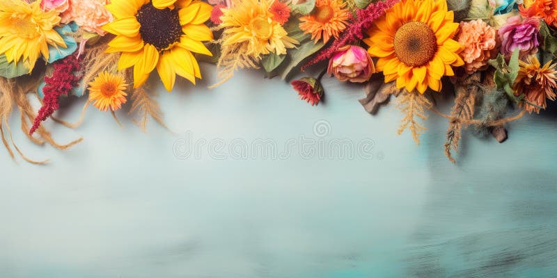 Colorful Rustic Flowers Over Light Blue Background with Big Copy Space ...