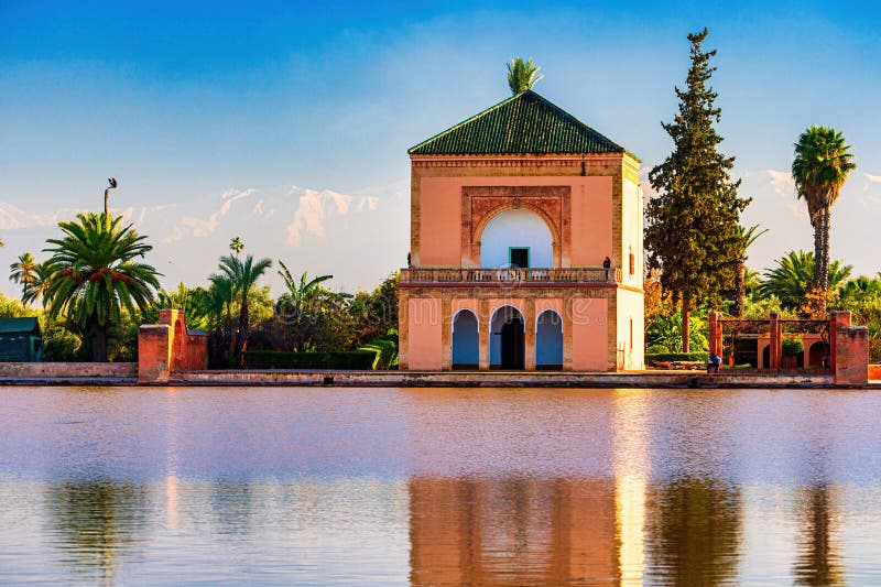 Colorful Saadian Pavillon at Menara Gardensat Sunset in Marrakech ... Colorful Saadian Pavillon at Menara Gardensat Sunset in Marrakech ...