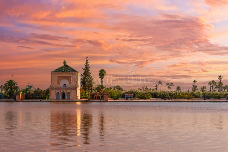 Colorful Saadian Pavillon at Menara Gardensat Sunset in Marrakech ... Colorful Saadian Pavillon at Menara Gardensat Sunset in Marrakech ...