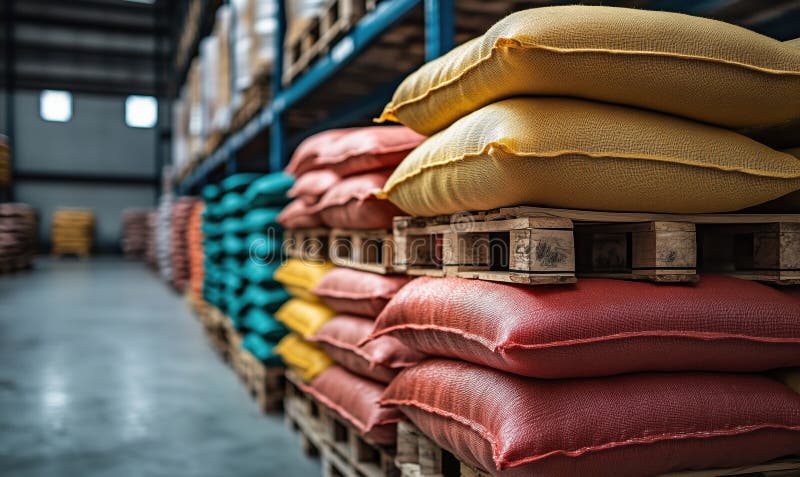 Colorful Sacks of Goods Stacked on Pallets in Warehouse Storage ...